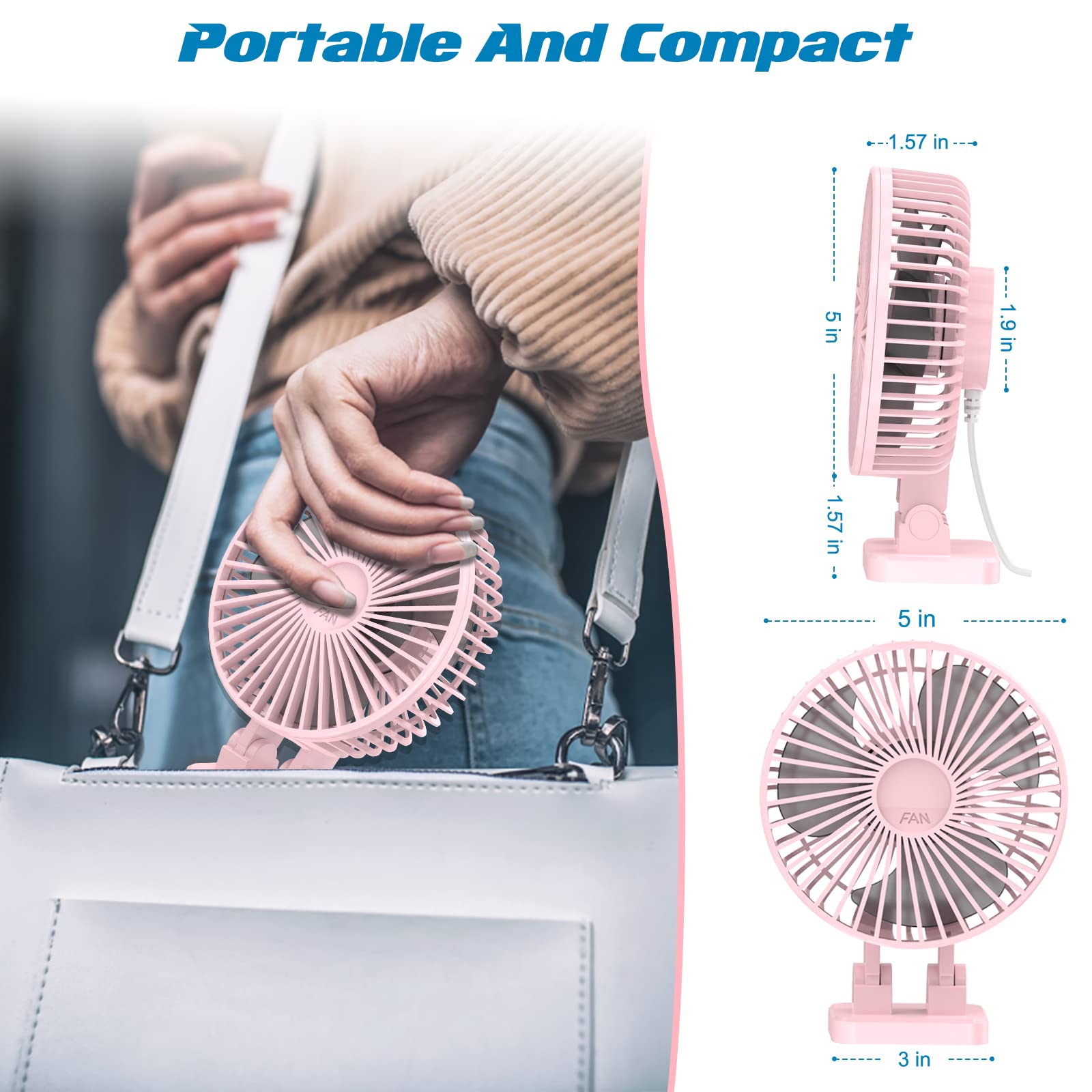 USB Fan for Desk, Mini Desk Fan, 3 speed in Single Button, Rotation Strong Wind Desktop Cooling Fan, Quite Mini Personal Fan for Home Office Table, 5inch (Pink)