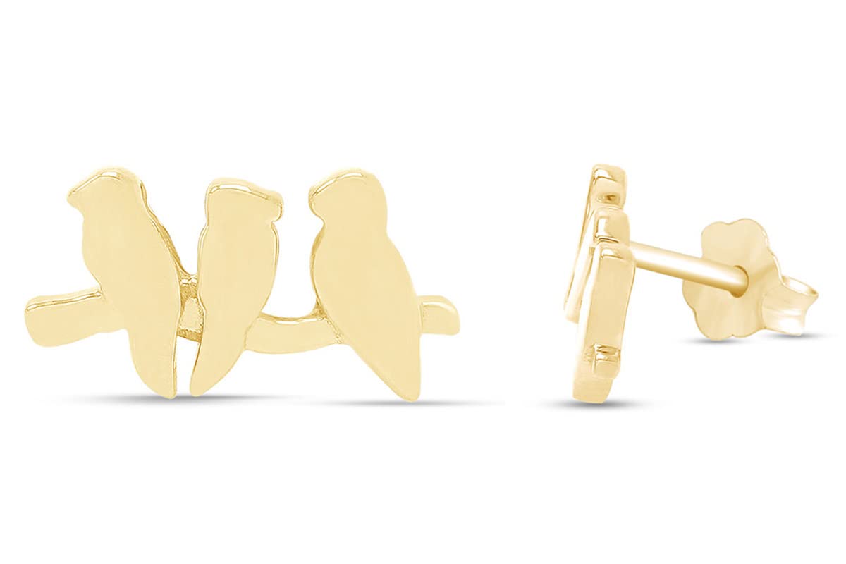 Tiny Lovely Three Birds Line Post Stud Earrings Jewelry For Women in 14k Gold Over Sterling Silver With Push Back (yellow-gold-plated-silver)