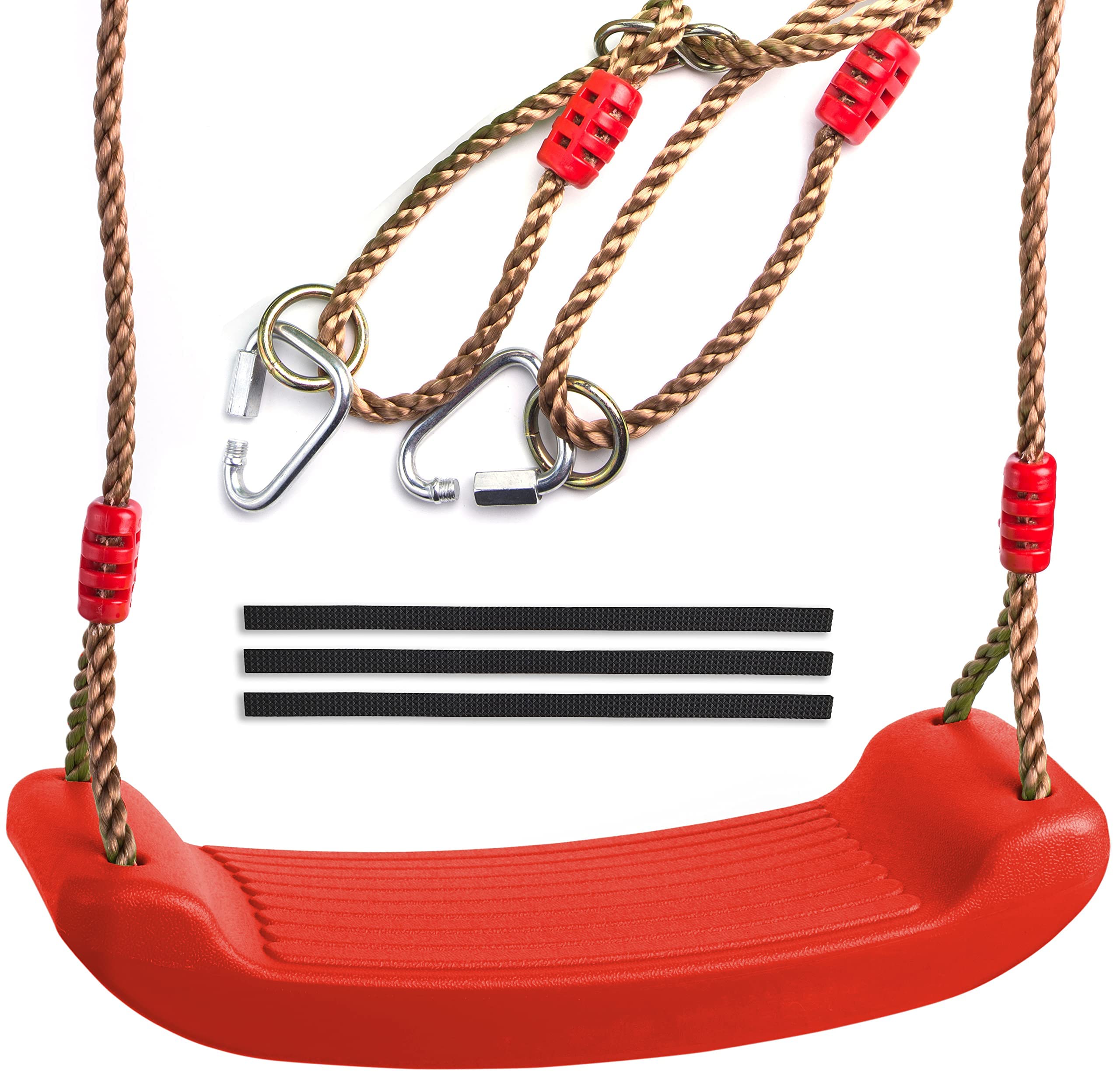 Swing seat Red for Kids and Adults with Length Control Hinge - 220lb Load - Ninja Slackline Ready - Triangle carabiners Included - Playground Swing Set Accessories Replacement