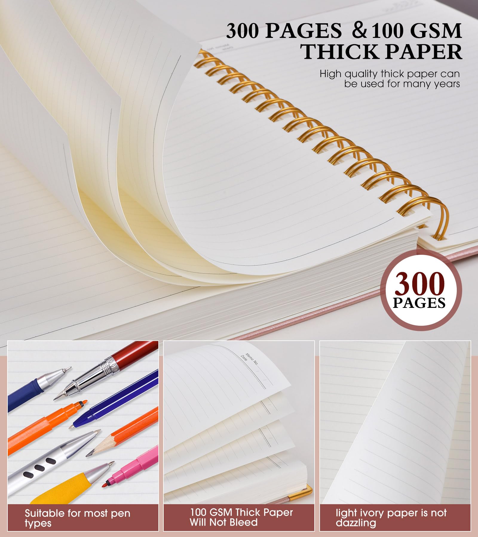 Spiral Notebook Journal 8.5” x 11”, 300 Pages Hardcover Leather Lined Journals for Women Men, A4 Large College Ruled Notebooks with 100 GSM Thick Paper, Spiral Journal for Writing Work School, Pink