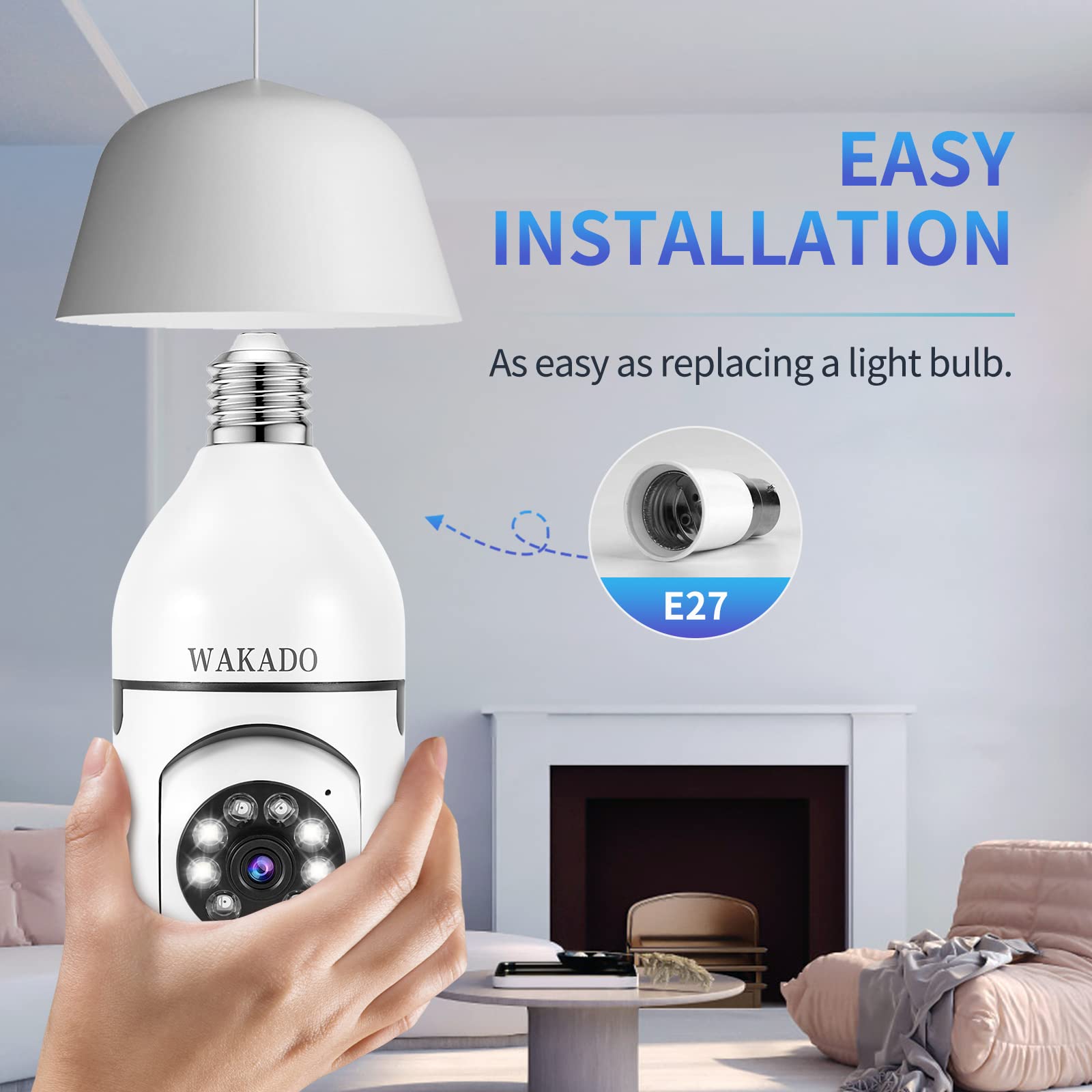 WAKADO Wireless Light Bulb Security Camera 1080P 360 Degree Pan Tilt Wireless Floodlight Night Vision with Floodlight Human Motion Detection and Alarm(2packs