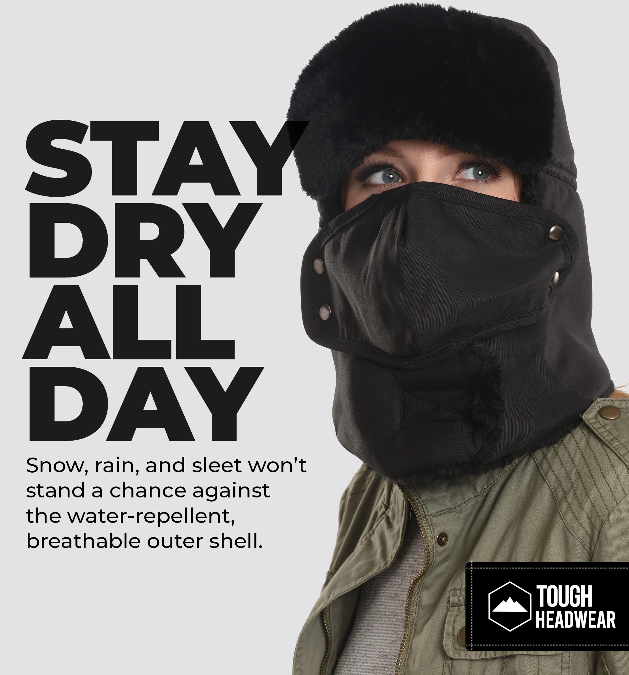 Tough Headwear Winter Trapper Hat with Mask - Russian Ushanka Trooper Aviator Hats for Men & Women -Snow Eskimo Hat with Ear Flaps for Cold - Full Black