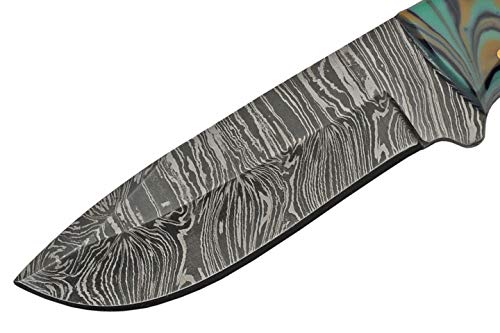 SZCO Supplies 8"" Damascus Steel Camo Firestorm Hunting Knife with Sheath, Teal/tan (DM-1251CM)