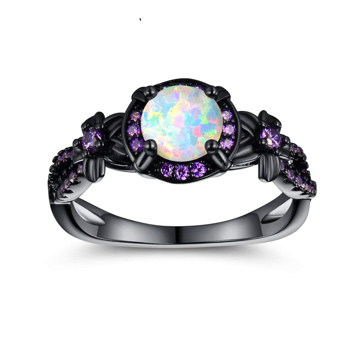 VOLUKA 18K Black Gun Plated 6.5MM Round White Opal Created Amethyst Ring Band (5)
