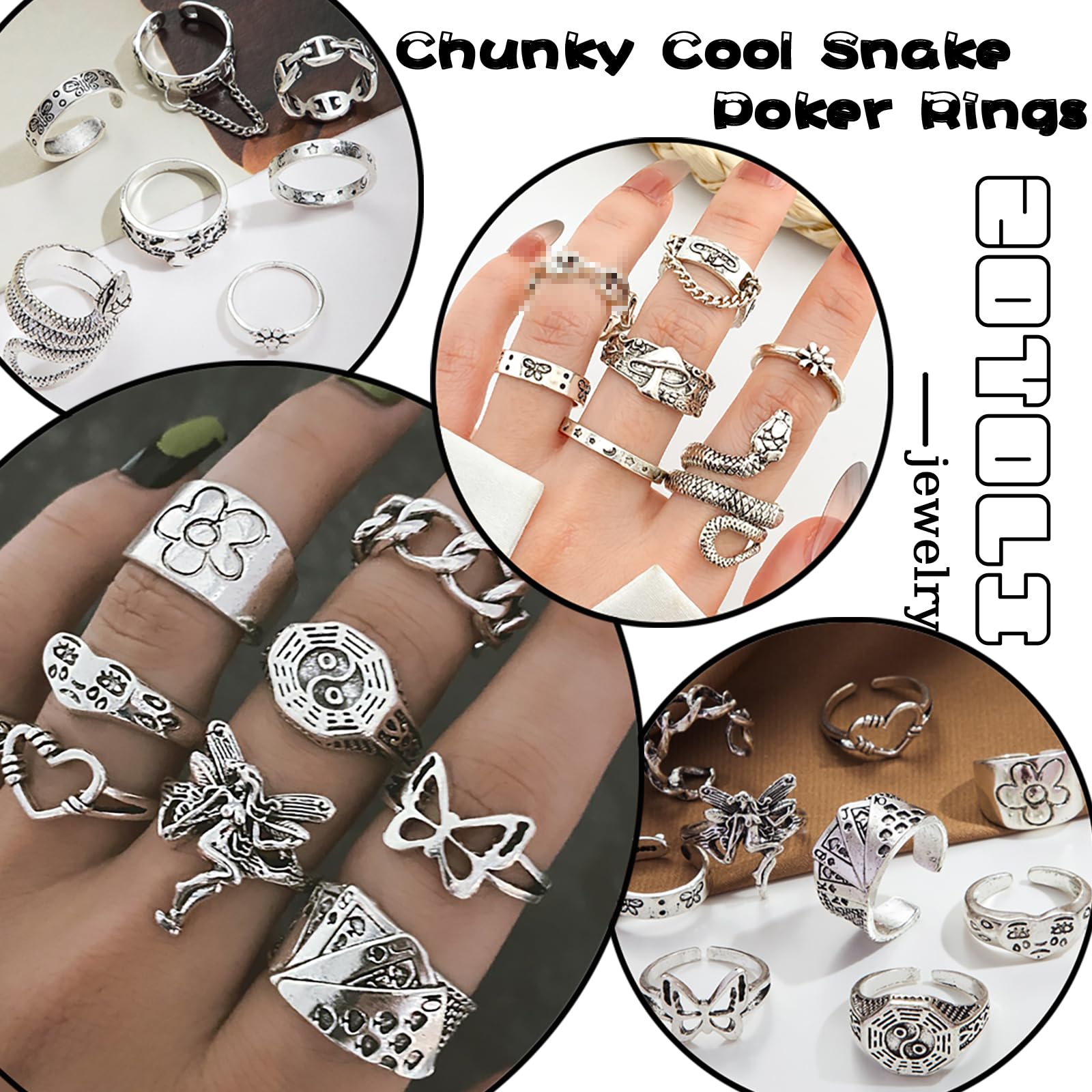 ZOVOLI 42-45PCS Vintage Sliver Goth Punk Rings Set for Women Men Cool Gothic Ring Pack Y2K Open Chunky Knuckle Emo Rings Skull Snake Flower Butterfly Trendy Stackable Rings for Gift (45PCS)