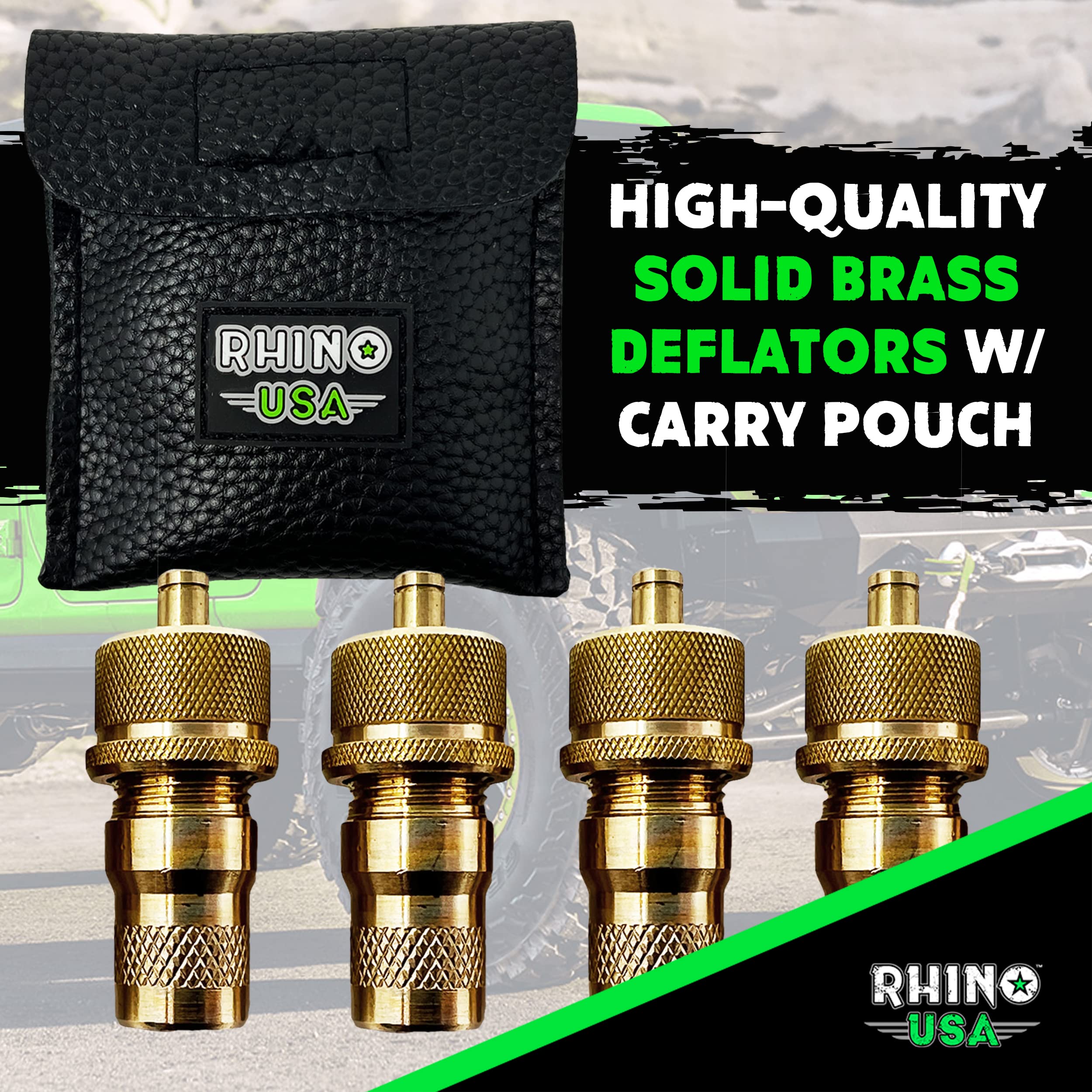Rhino USA Adjustable Tire Deflators with Gauge (0-60psi) Calibrated & Automatic Tire Air Down Tool - Large 2" Easy Read Glow Dial & Solid Brass Hardware - Best Offroad Deflator for Jeep, Truck or ATV