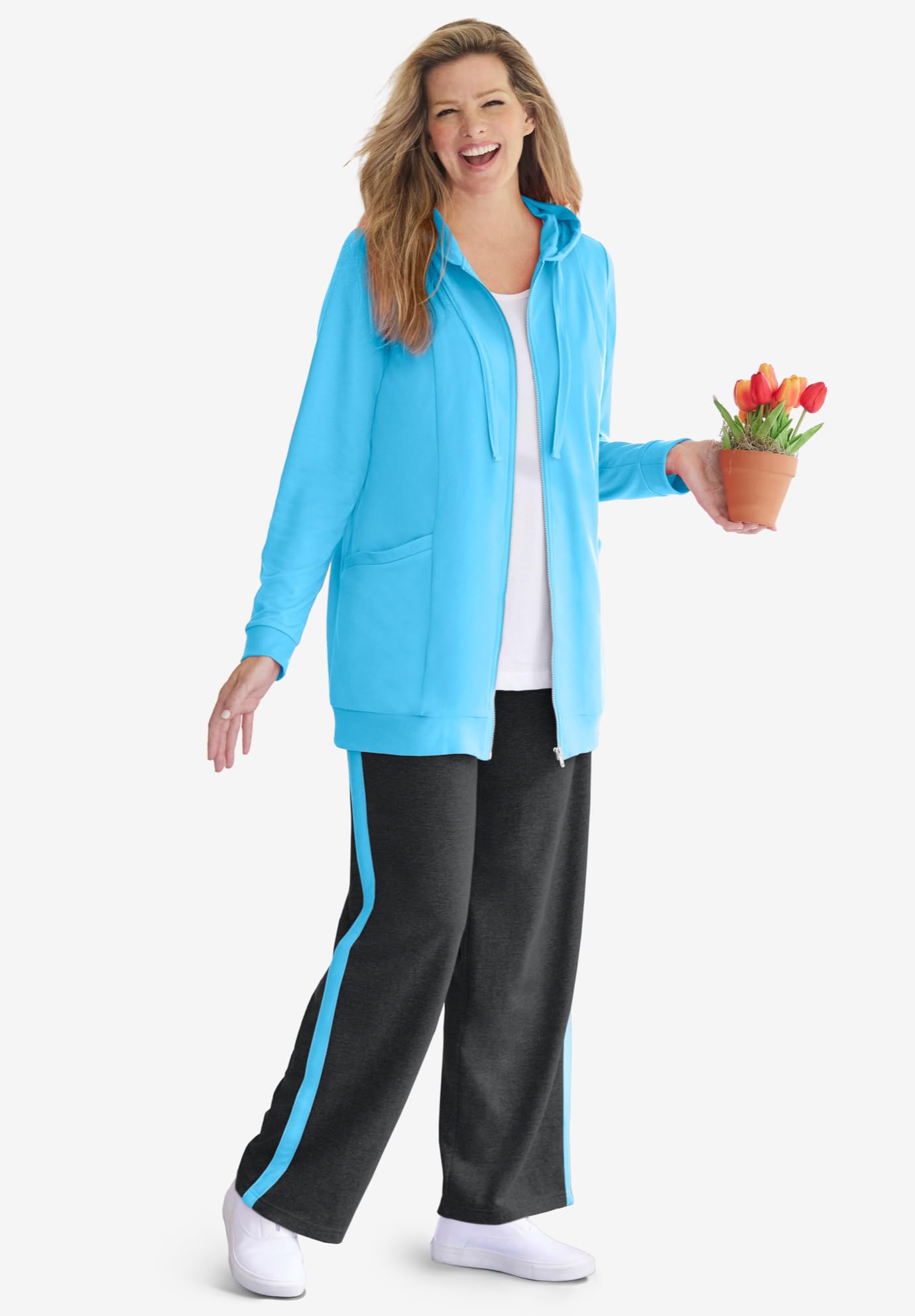 Woman Within Plus Size Zip Front Hoodie Jacket Long Oversized Fleece Jacket - 3X, Black