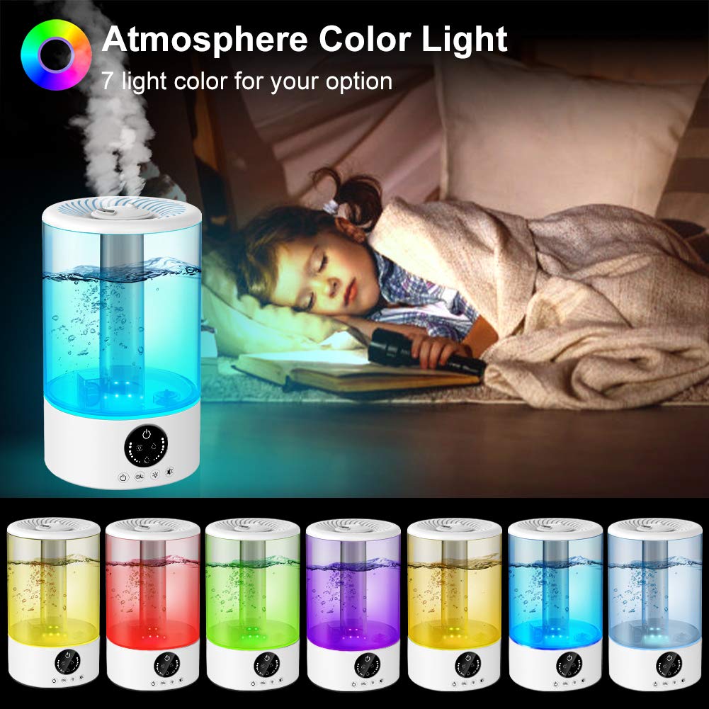 SHSTFD Cool Mist Humidifier, 3L Top Fill Ultrasonic Humidifier for Bedroom with 7 Colors Night Light and Remote Control, Adjustable Mist Levels, Optional Timer, 6 Dimmer, Super Quiet Operation (White)