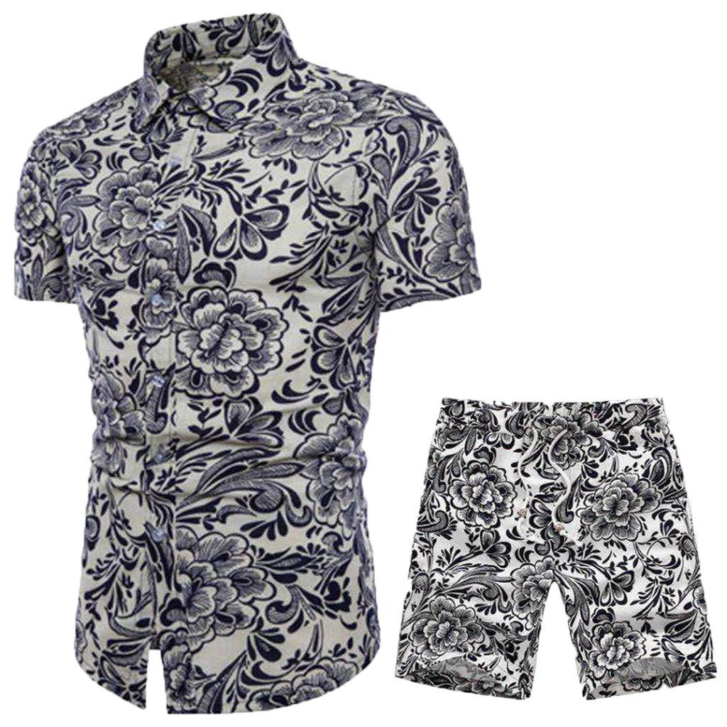 VEZAD Summer New Comfortable Fashion Short Sleeve and Short Pants Printing Men's Suit F Black