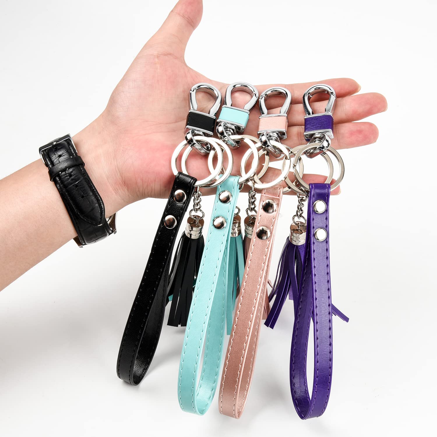 Teskyer Wristlet Strap for Key, Hand Wrist Lanyard Key Chain Holder with Tassel and Flat Alloy Key Rings, Rose Gold