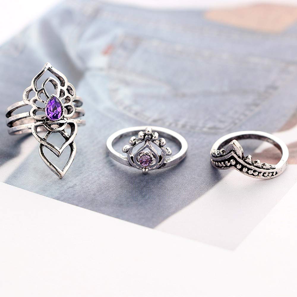 YERTTER Boho Gem Stacking Rings Set Gemstone Joint Knuckle Ring Set Vintage Mid Rings for Women and Girls (7pcs Purple)