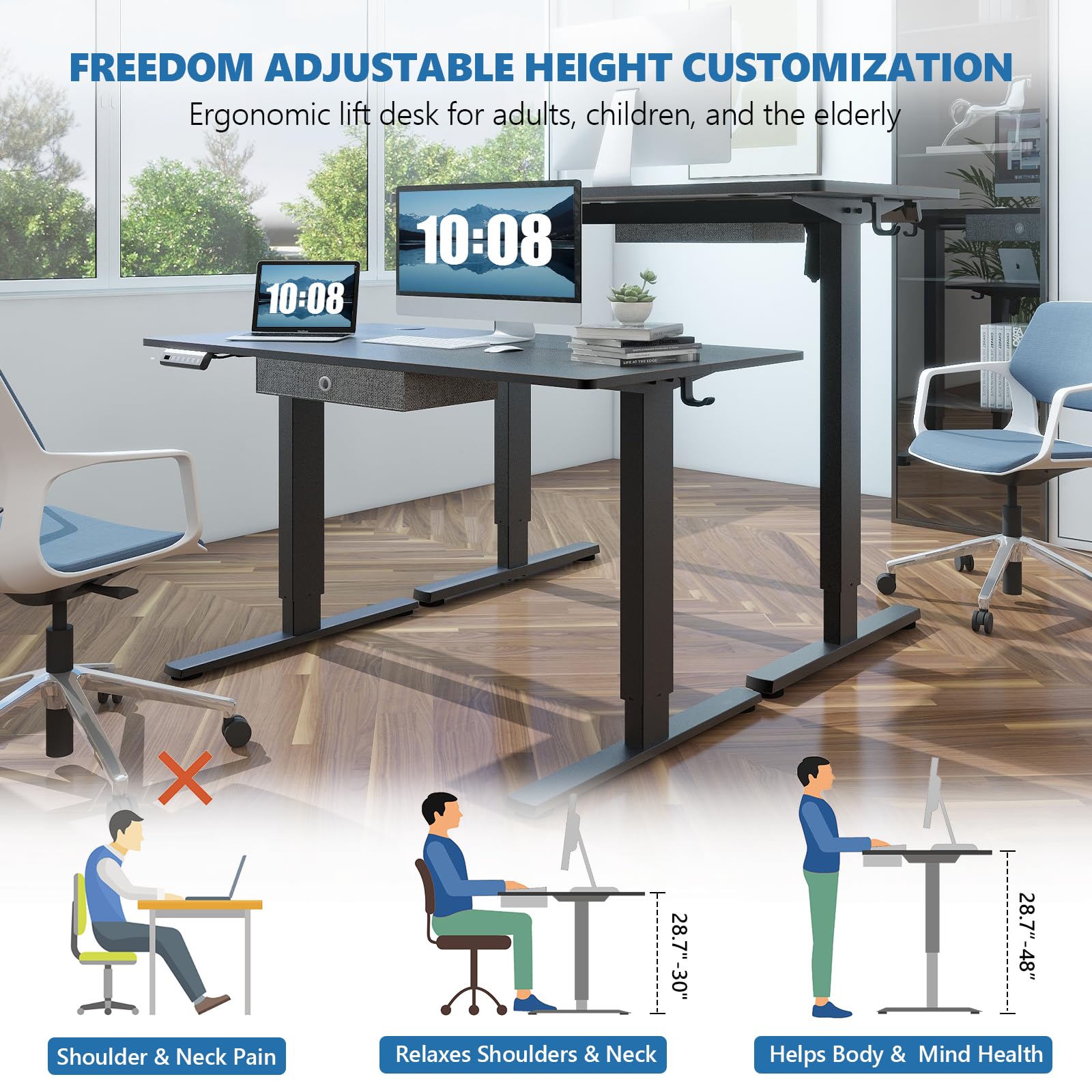 Standing Desk with Drawer, 40 x 24 Inch Home Office Electric Stand Up Desk with Drawer Storage, Height Adjustable Sit Stand Ergonomic Computer Desk with Wire Hole and Hook for Workstation, Study
