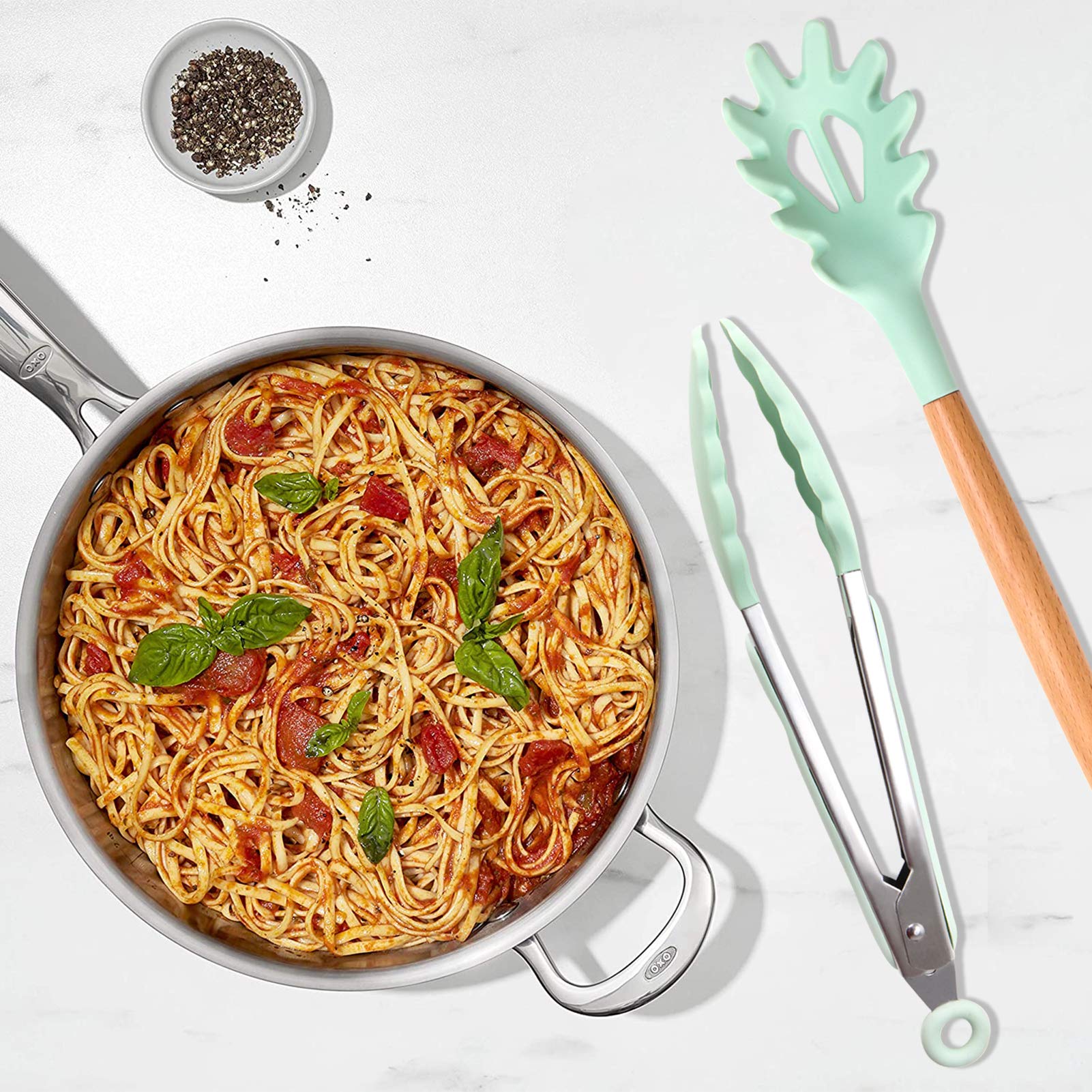 Silicone Pasta Fork, Kitchen Tong, 12.5 Inch Pasta Spoon and 10.6 Inch Spaghetti Pasta Tong Spaghetti Server Set, Best Heat Resistant Serving Kitchen Baking Cooking Tools 2PC