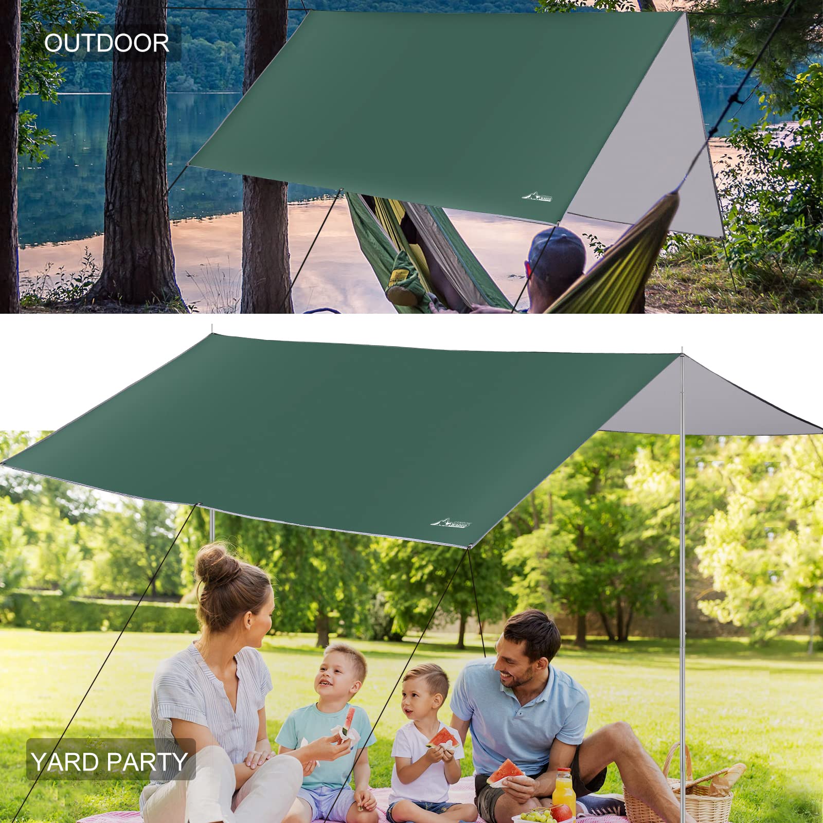 WADEO Camping Tarp with Poles, Waterproof and Lightweight Tent Hammock Tarp, 10X10FT Backpacking Rain Fly Survival Shelter for Camping, Hiking, Picnic and Outdoor Activities