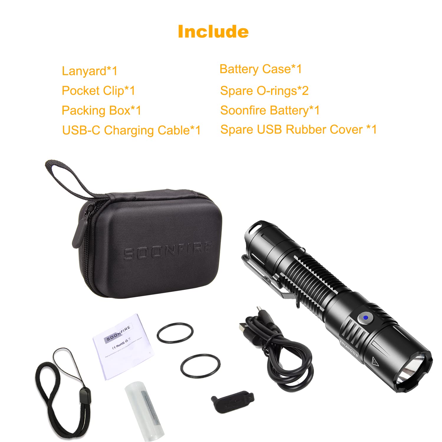 soonfire MX75 Ultra Bright Tactical Flashlight with Battery, USB C Fast Charging Rechargeable Flashlights, Powered by Customized Battery, Long Run Time for Emergency, EDC and Searching