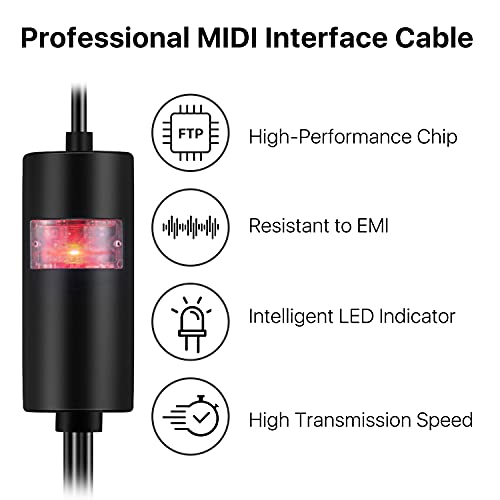 TNP Midi to USB Cable Interface Converter - IN OUT Midi Cable Host Adapter Plug Controller Wire Cord For Keyboard Synthesizer Device to Mac Pc Computer Laptop iPad iPhone Music Studio (Black 6 FT)