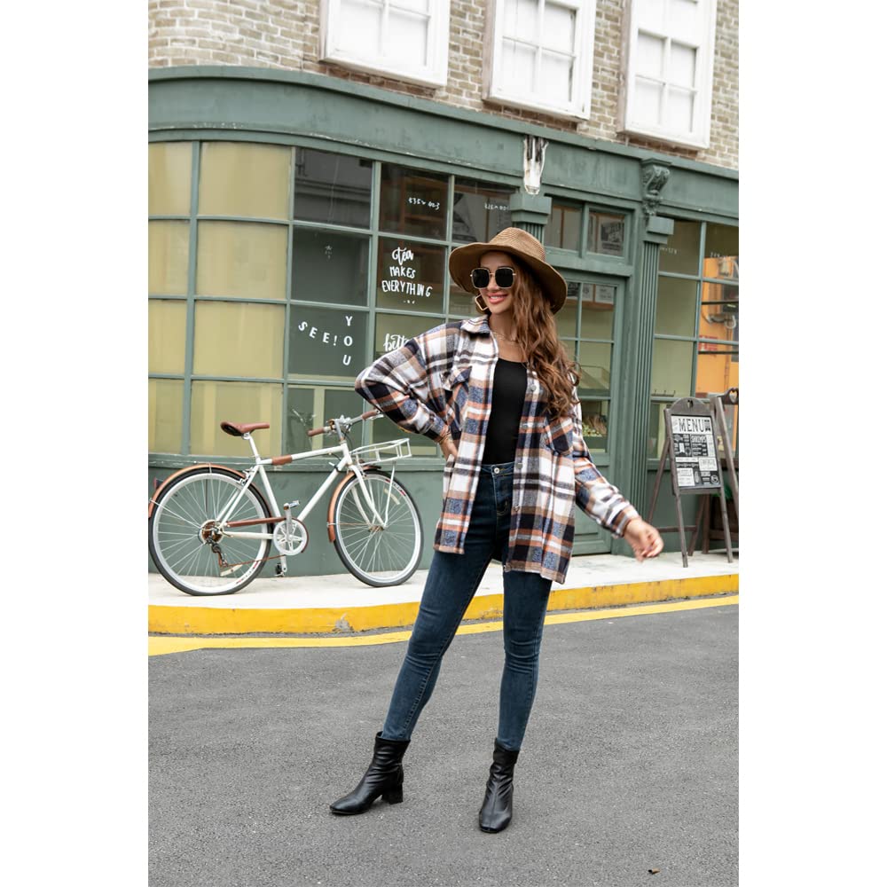 Women Classic Flannel Plaid Jacket Button Down Boyfriend Long Sleeve Lapel Shirts Casual Blouses Tops (Blue, Small)