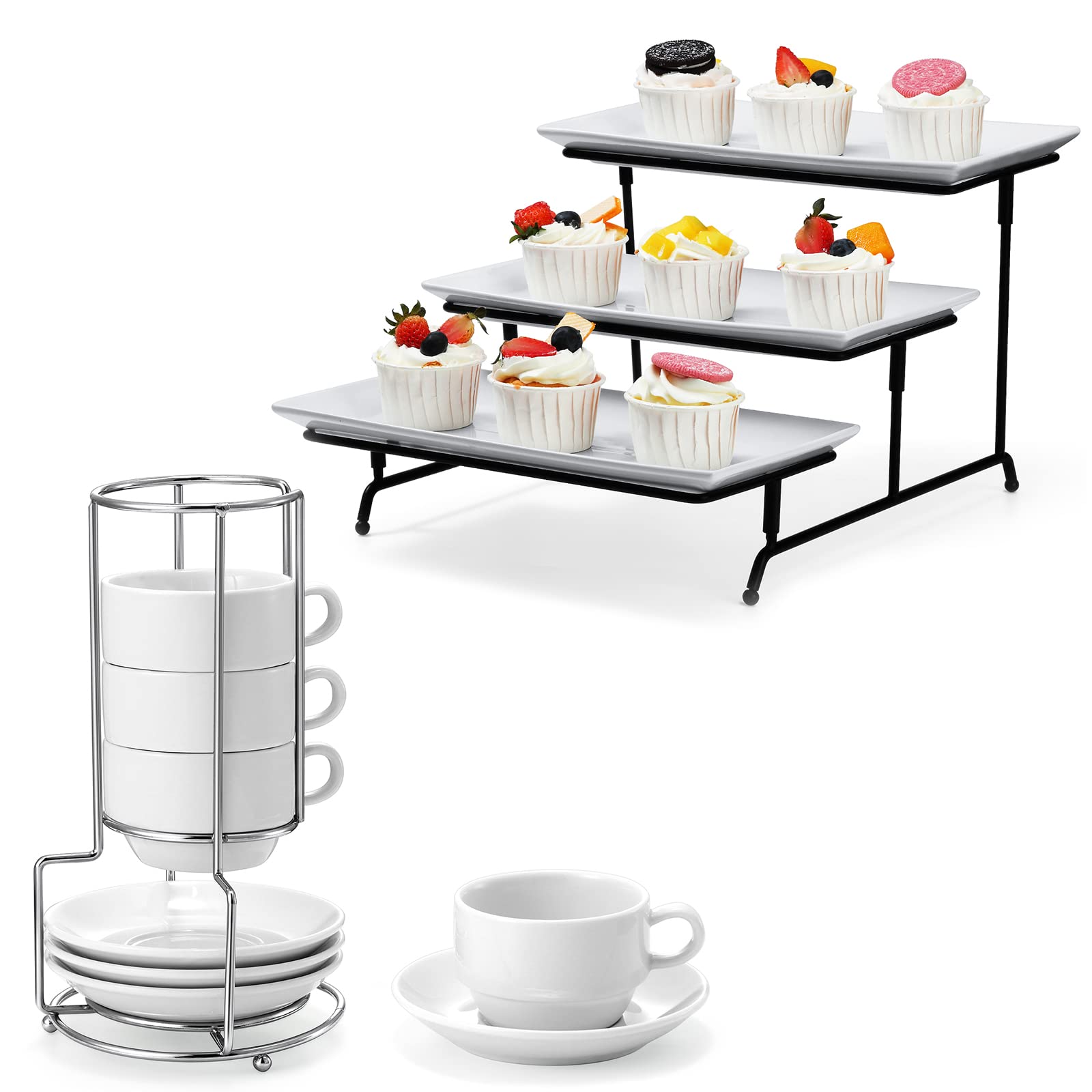 Yedio Porcelain Coffee Cups with Saucers and Metal Stand and 3 Tier Rectangular Serving Platter Bundle