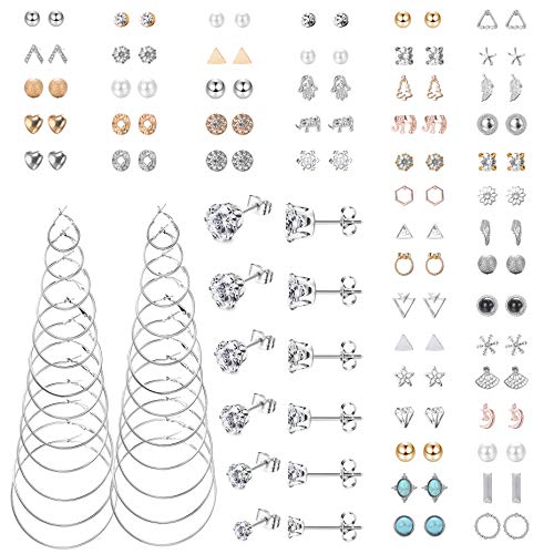 YADOCA 68 Pairs Stainless Steel Stud Earrings Set for Men Women Assorted Cute Vintage Triangle Faux Pearl Elephant Heart Turquoise Bead Clear Cubic Zirconia Stud Earrings Hoop Earrings Set