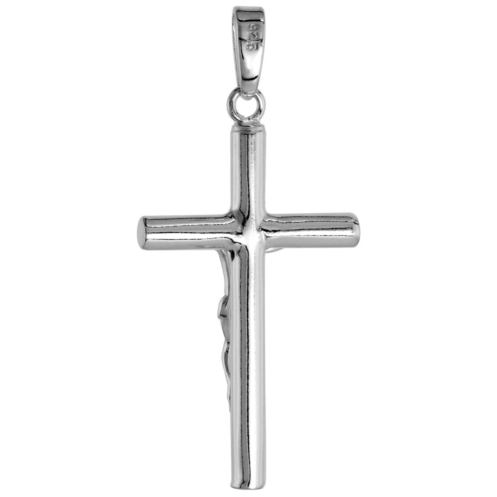 Sterling Silver Large Plain Crucifix Pendant 5mm Tubular High Polished 2 3/4 inch