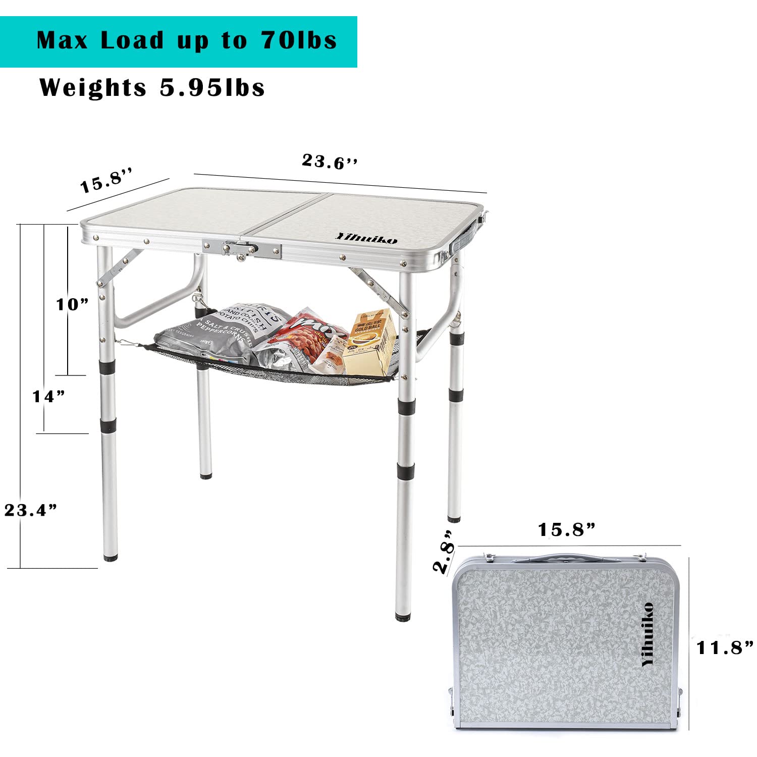 YihuiKo Little Folding Camping Table Portable Adjustable 3 Heights Lightweight Aluminum Folding Table for Outdoor Camp Picnic,23.6"x 15.8" 3 Heights
