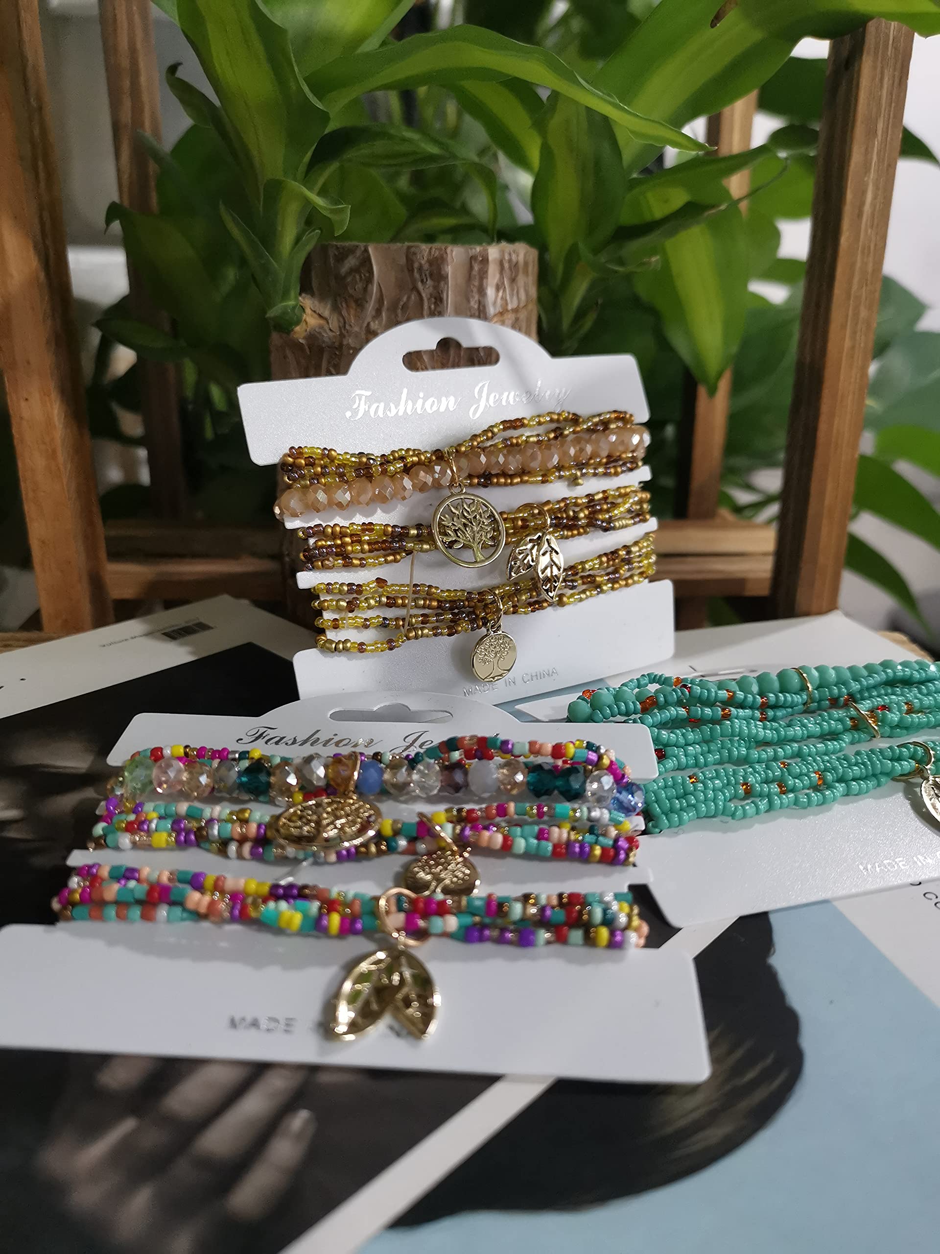 WAINIS 9 Sets Bohemian Stackable Bead Bracelets for Women Stretch Multilayered Bracelet Set Multicolor Jewelry