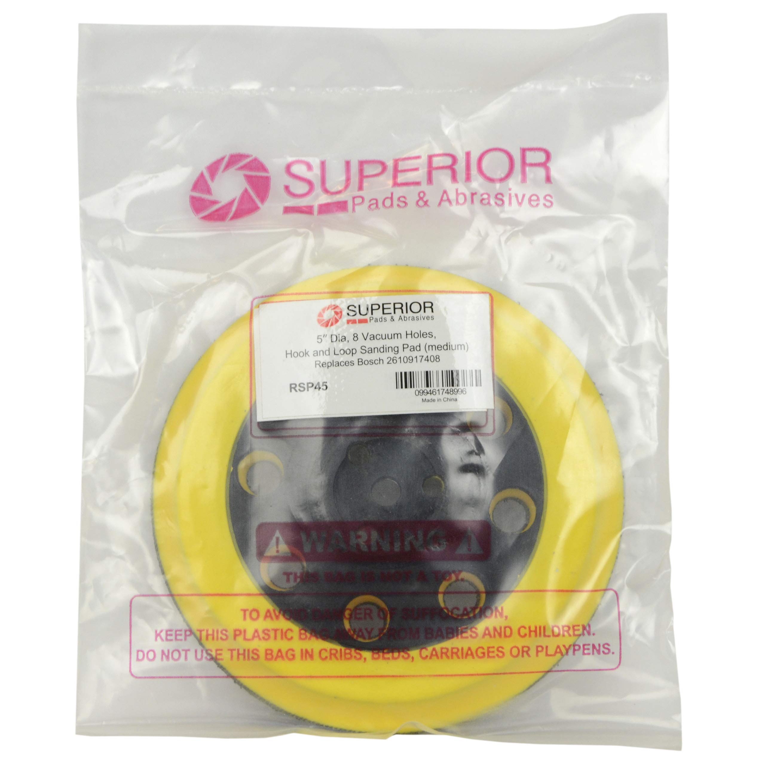 Superior Parts RSP45 5" Dia 8 Vacuum Holes Hook & Loop Sanding Pad for Bosch 2610917408, RSP45 DD - 4 Pack