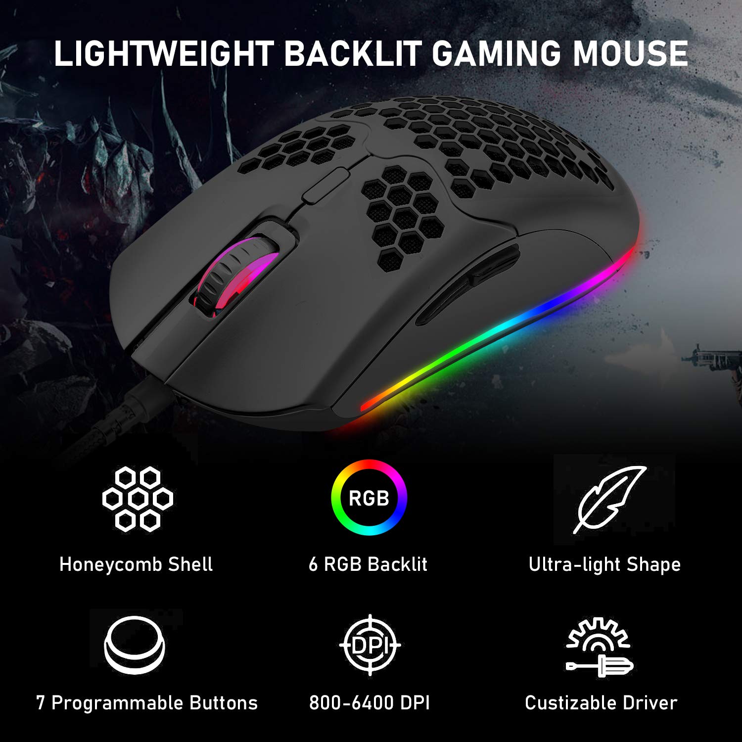 ZIYOU LANG Wired Lightweight Gaming Mouse,6 RGB Backlit Mouse with 7 Buttons Programmable Driver,6400DPI Computer Mouse,Ultralight Honeycomb Shell Ultraweave Cable Mouse for PC Gamers,Xbox,PS4(Red)