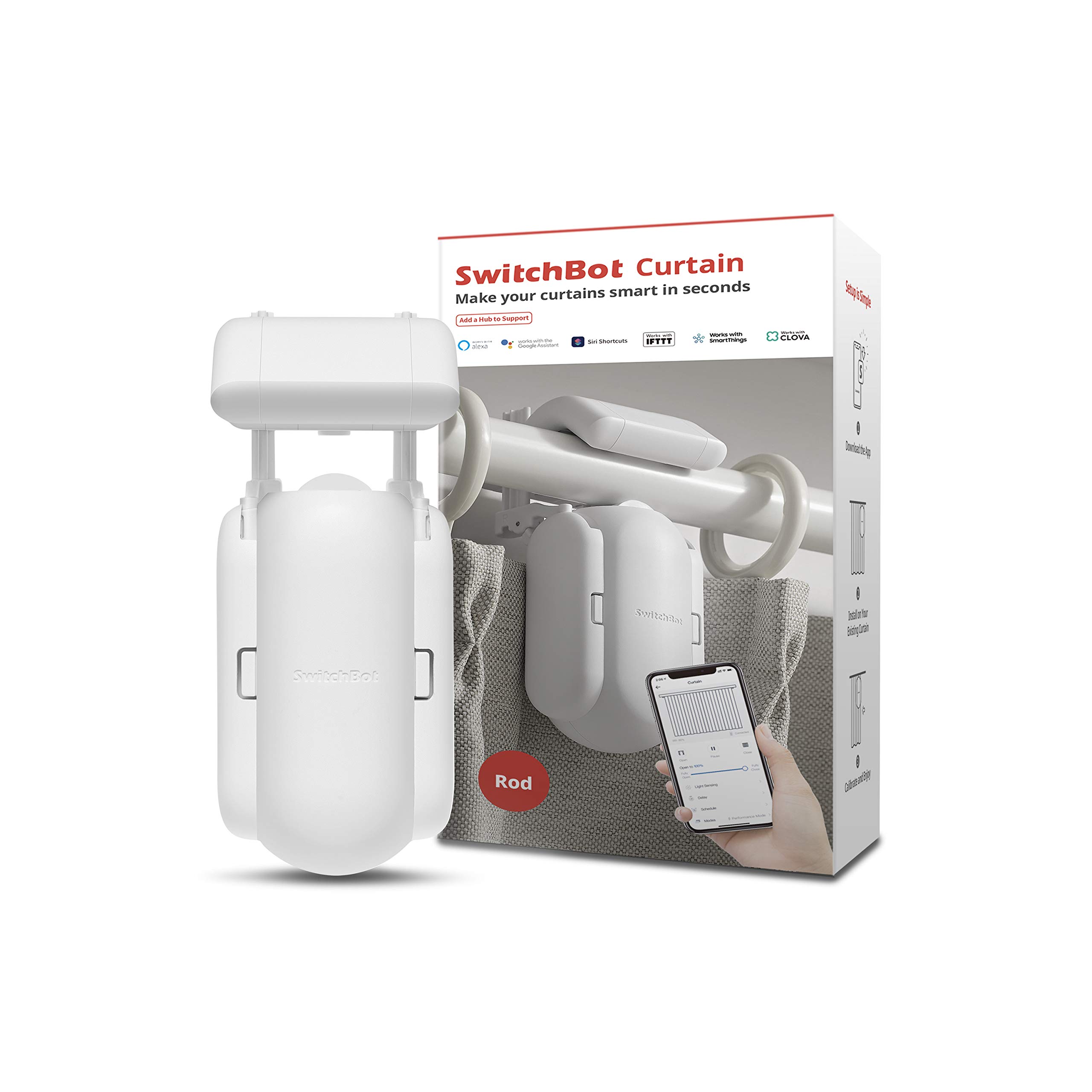 SwitchBot Curtain Smart Electric Motor - Wireless App or Automate Timer Control, Add SwitchBot Hub Mini to Make it Compatible with Alexa, Google Home, HomePod, IFTTT (Rod, White)