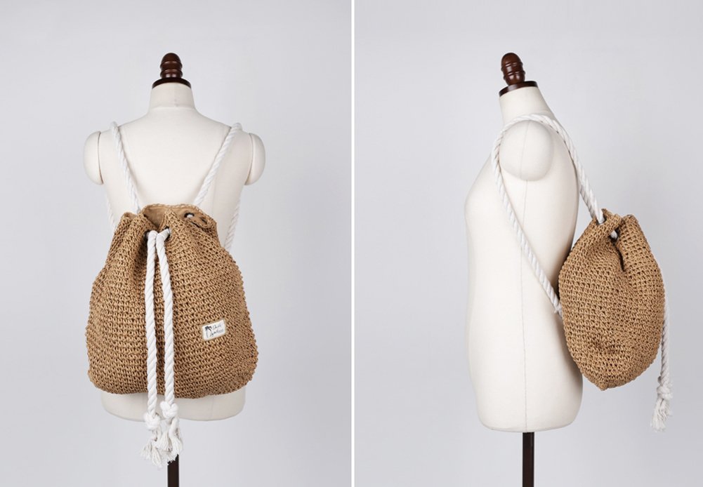 TONWHAR® Campus Fashion Straw Shoulder Bag Beach Backpack Purse (Brown)