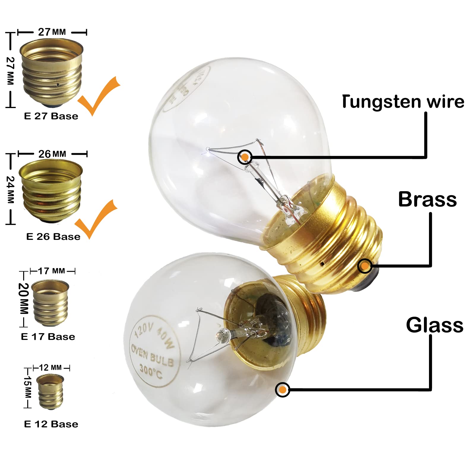 zaskser Oven Light Bulbs- 300 °C High Temp Incandescent G45 Clear 40Watts.Replacement Bulbs for Oven, Stove,Refrigerator,Microwave and Other Household Appliance.-4 Pack