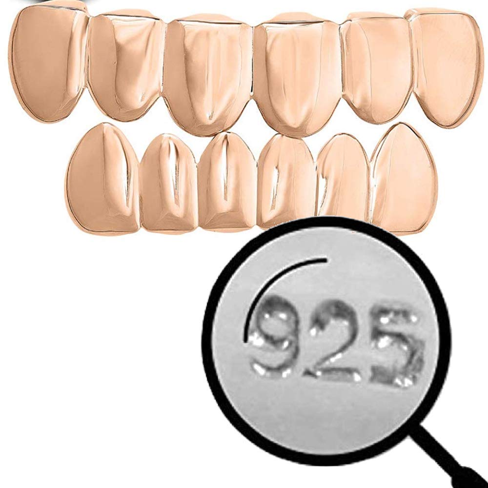 Solid 925 Sterling Silver Real Grillz - Rose Gold Plated - Custom Top & Bottom Grills For Teeth - Real Solid Silver NOT Plated