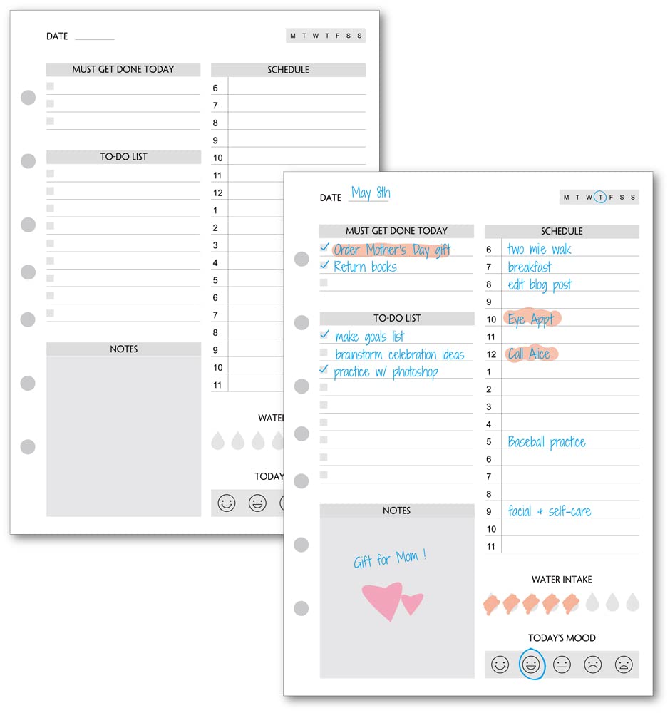 To Do List Paper Undated with Daily Schedule, Day Priorities, Notes and Water Tracker, 7-Hole Punches, 5.5"x8.5"
