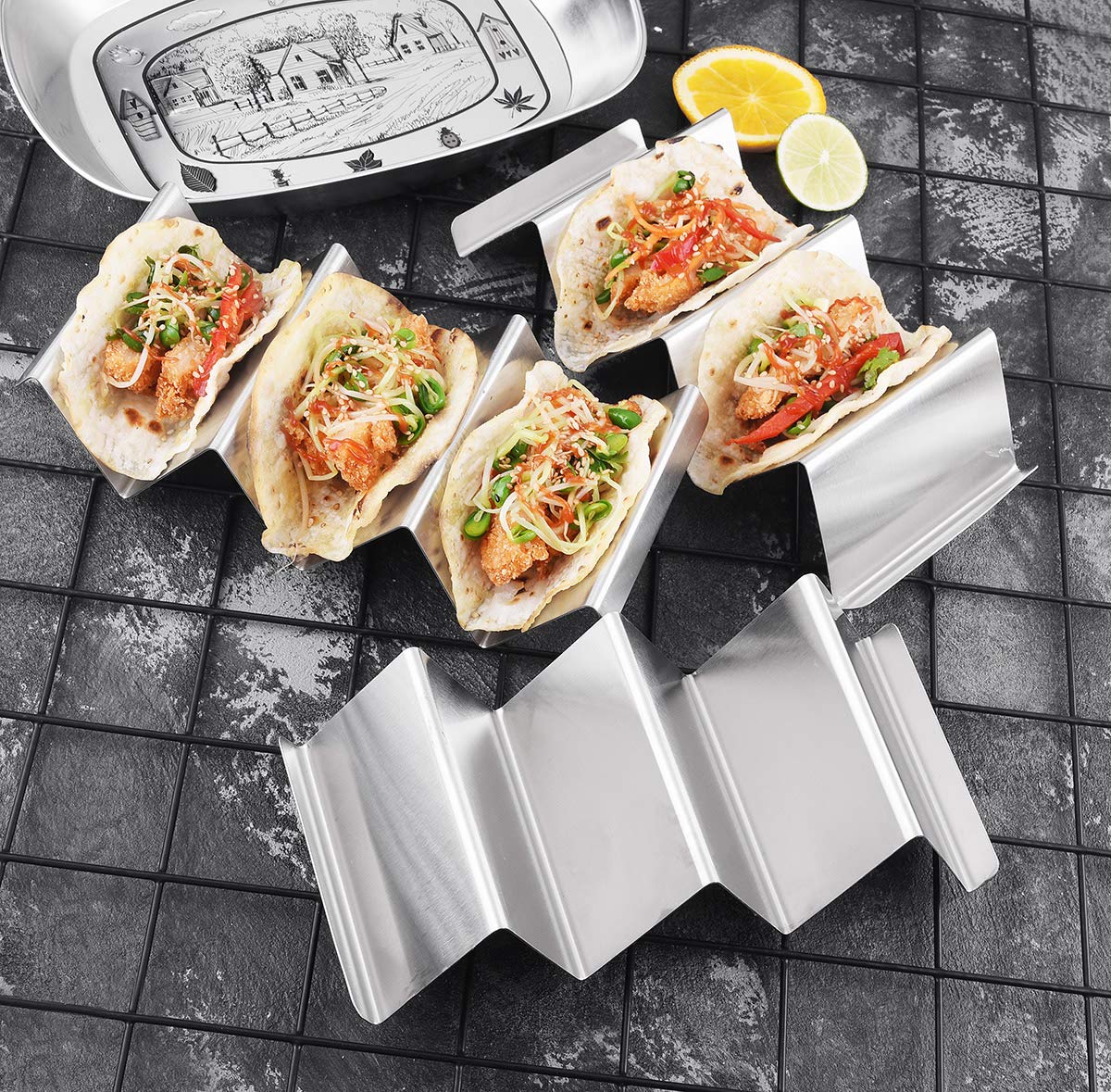 Taco Holders Stainless Steel Set of 2 for Taco Tuesday Taco Night - Sturdy, Easy to Clean & Restaurant Quality Taco Holder Stand - Taco Stands for 3 Tacos - Holds Large Small Hard Soft Shell - 2 Packs