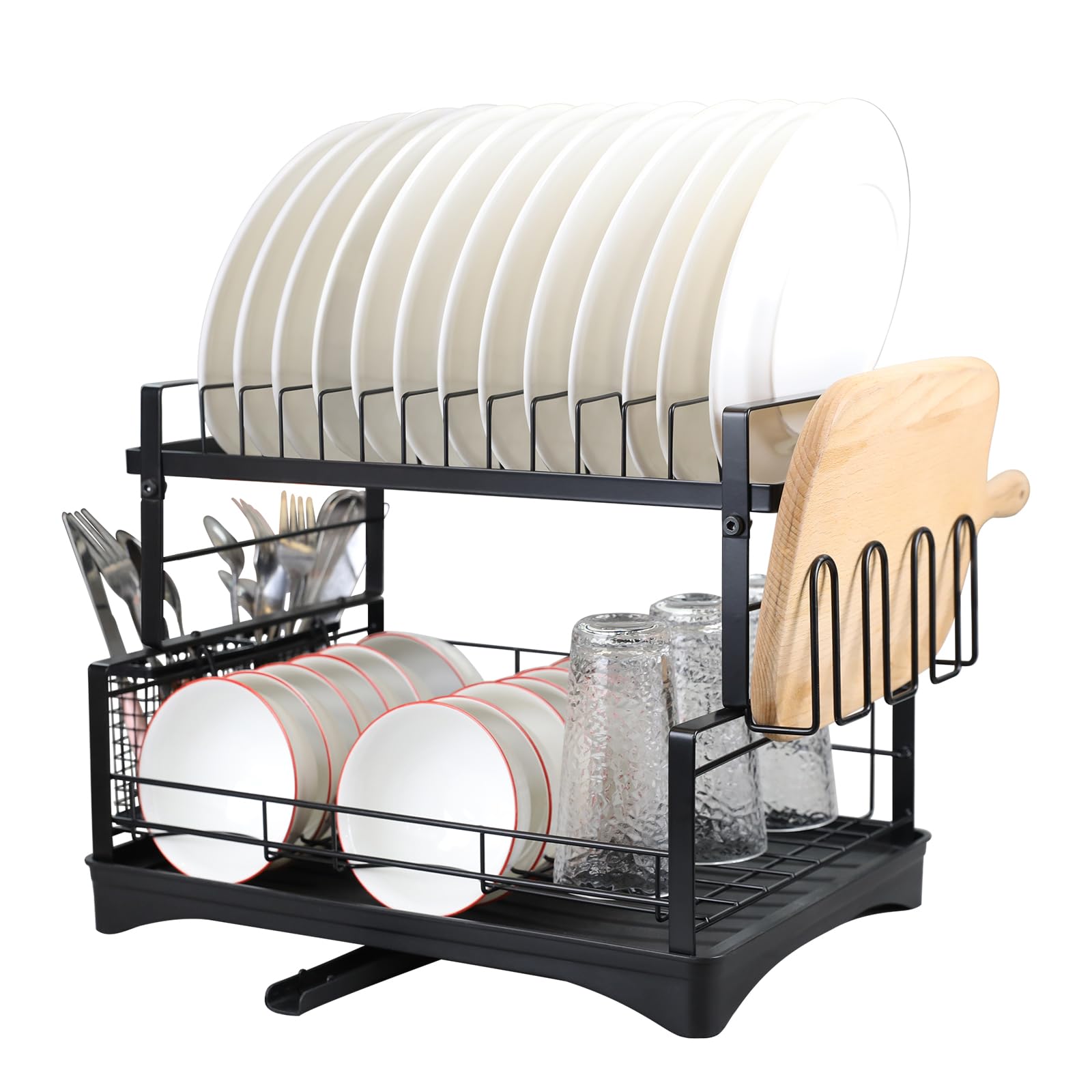 TQVAI Dish Drying Rack, 2 Tier Dish Drainer for Kitchen Counter with Drainboard & Utensils Holder, Over Sink Metal Drainer Drying Rack, Black