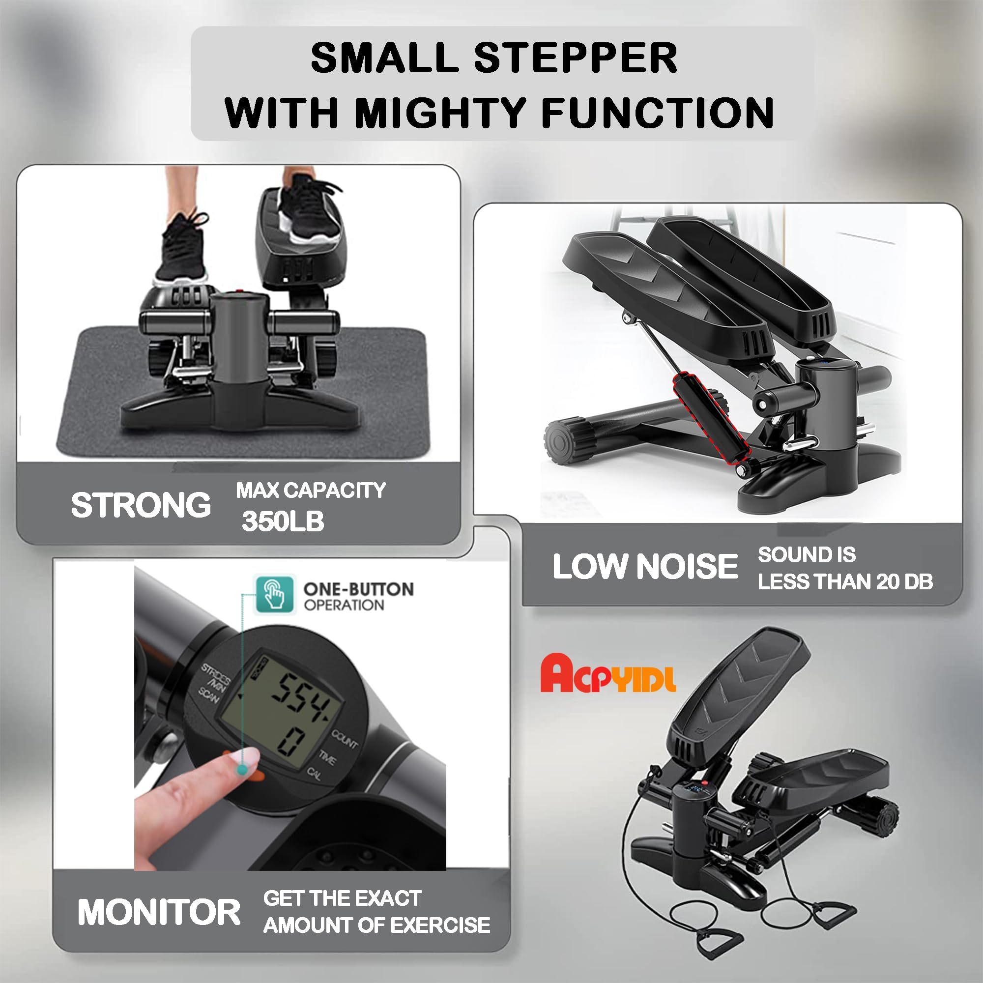 Steppers for Exercise, Mini Stair Stepper with Resistance Bands & Calories Count, 330lbs Weight Capacity Quiet Fitness Stepper for Home Office Workout, Legs Arm Full Body Training (Grey)
