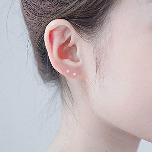 Sterling Silver Stud Earrings for Women- 3 Pairs of 2mm Tiny Pearl Earrings Set Cartilage Small Tragus Earrings Nose Lip Rings, Silver