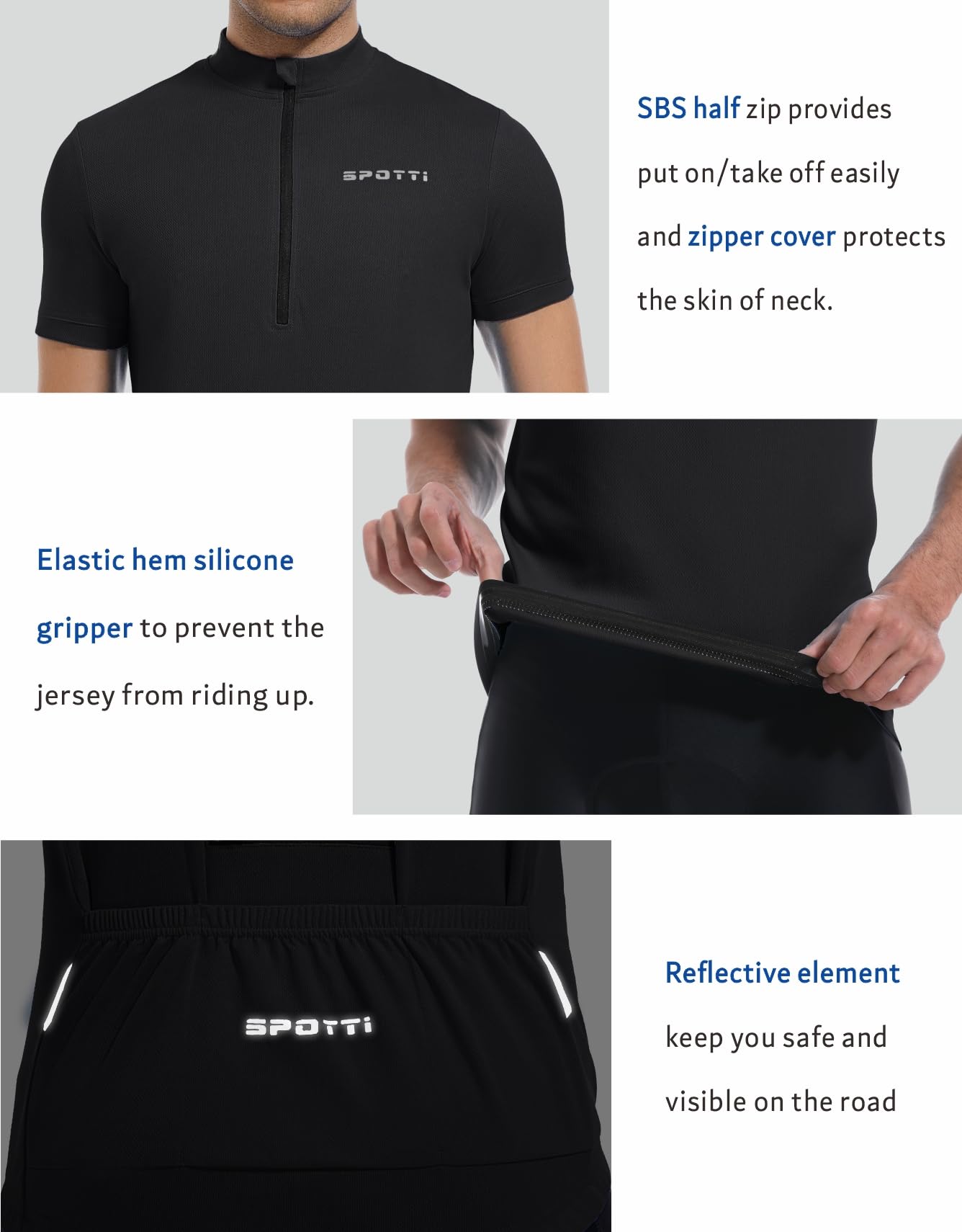 Spotti Men's Cycling Bike Jersey Short Sleeve with 3 Rear Pockets- Moisture Wicking, Breathable, Quick Dry Biking Shirt Black