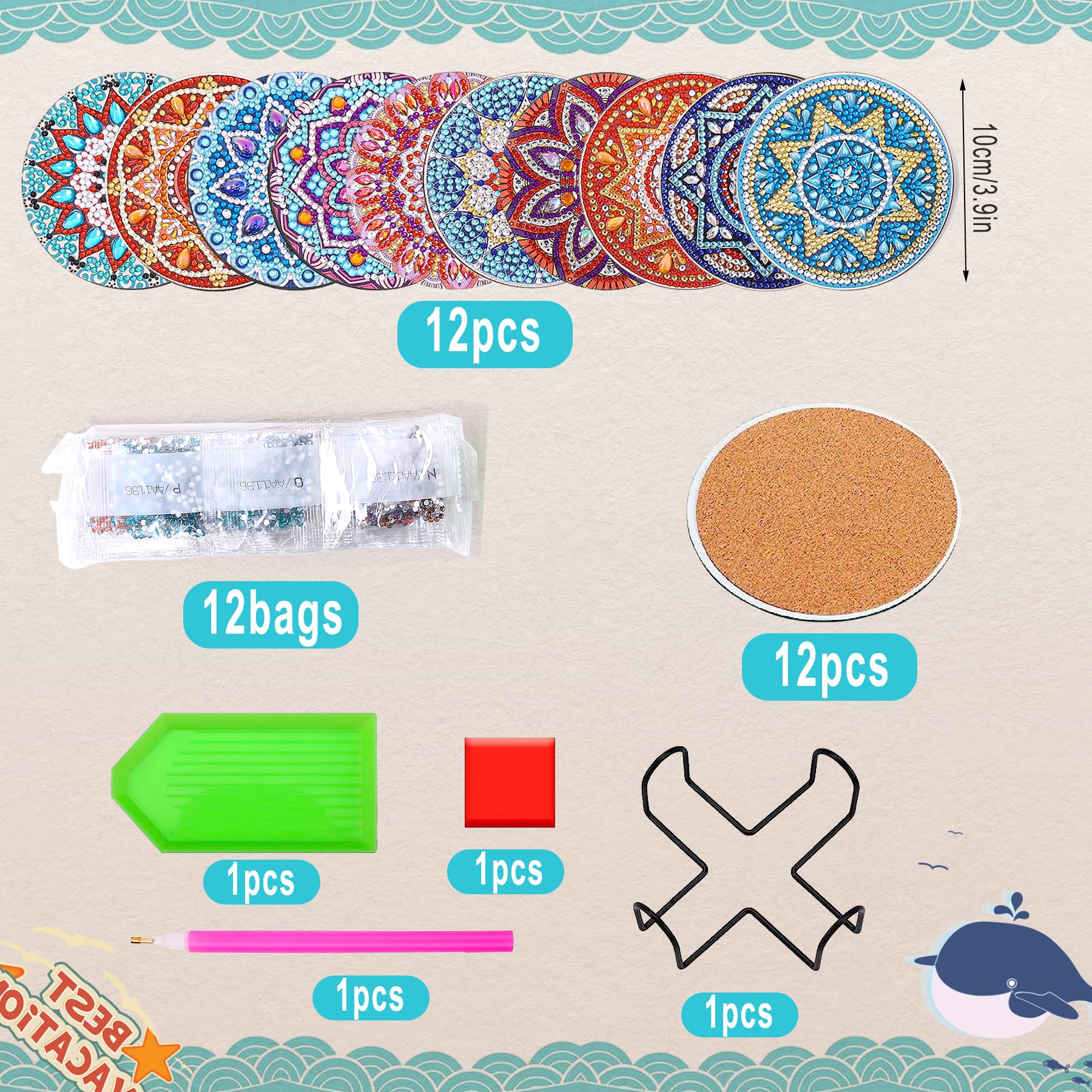 SEL 10Pcs Diamond Painting Coasters Kit, DIY Diamond Art Coasters Kits Mandala Diamond Painting Coasters with Holder, DIY Art for Beginners, Kids Adults