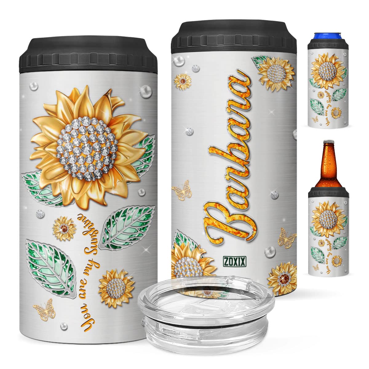 ZOXIX Sunflower Tumbler Can Cooler 16oz 4-in-1 Can Holder Travel Mug Jewelry Style Stainless Steel Insulated Cup Flower Print Sunflowers Personalized Name Gifts For Women Custom
