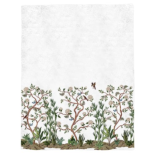 Throw Blanket,Flower Bird Plant Leaves Print White Super Soft Microfiber Warm Blanket for Couch Lightweight Blanket for Bed Chairs 50x60 Inch