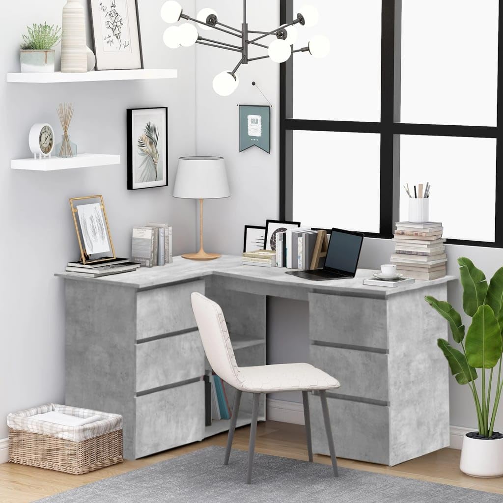 vidaXL Corner Desk, L-Shaped Computer Desk with Storage, Home Office Desk, Workstation Table, Scandinavian Style, Concrete Gray Engineered Wood