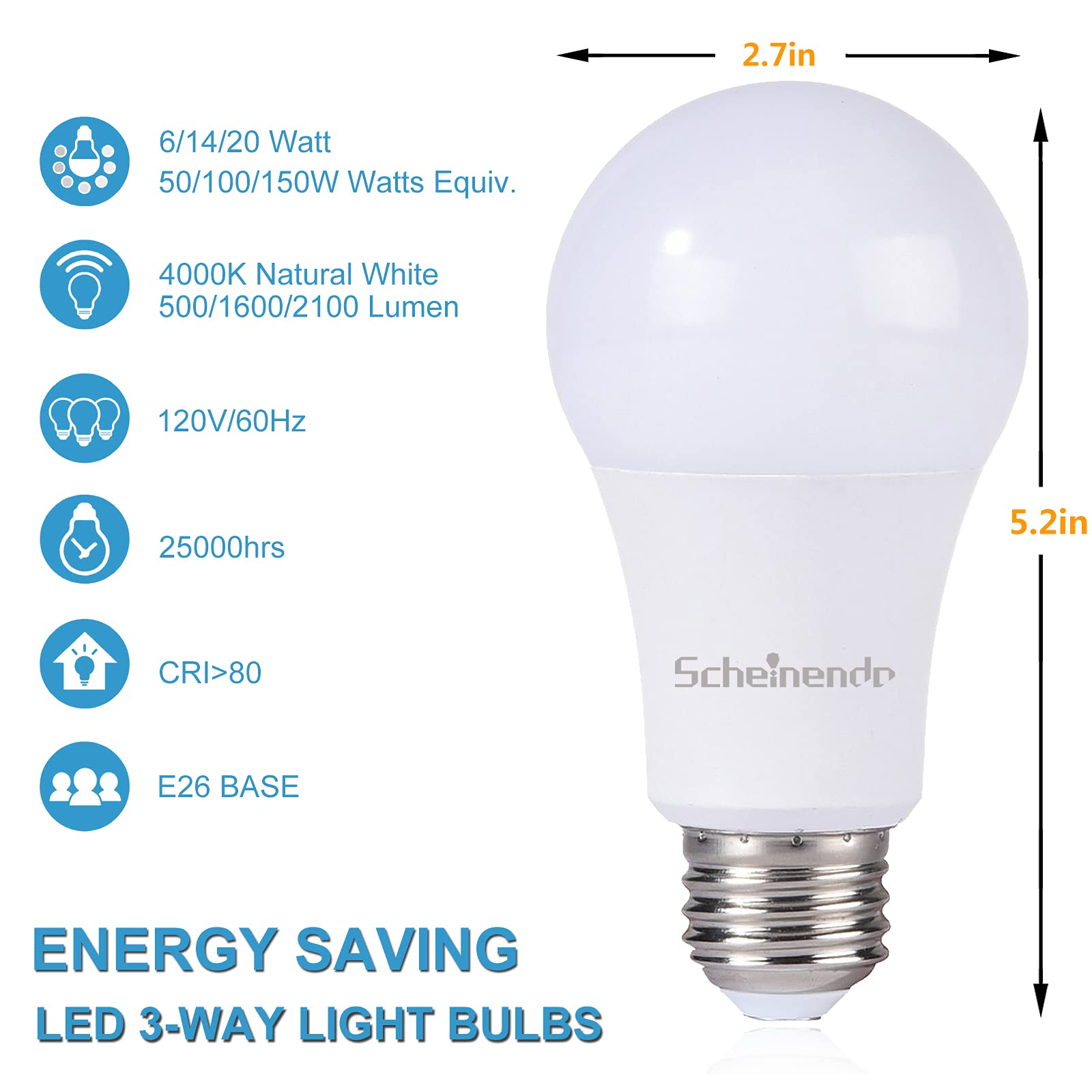 Scheinenda 3-Way Led Light Bulbs A21, 50 100 150 Watt Equivalent, Perfect for Reading, 4000K Natural White, Indoor Standard E26 Bulb, Energy Efficient 20 Watt, 2100 Lumens, 2 Pack