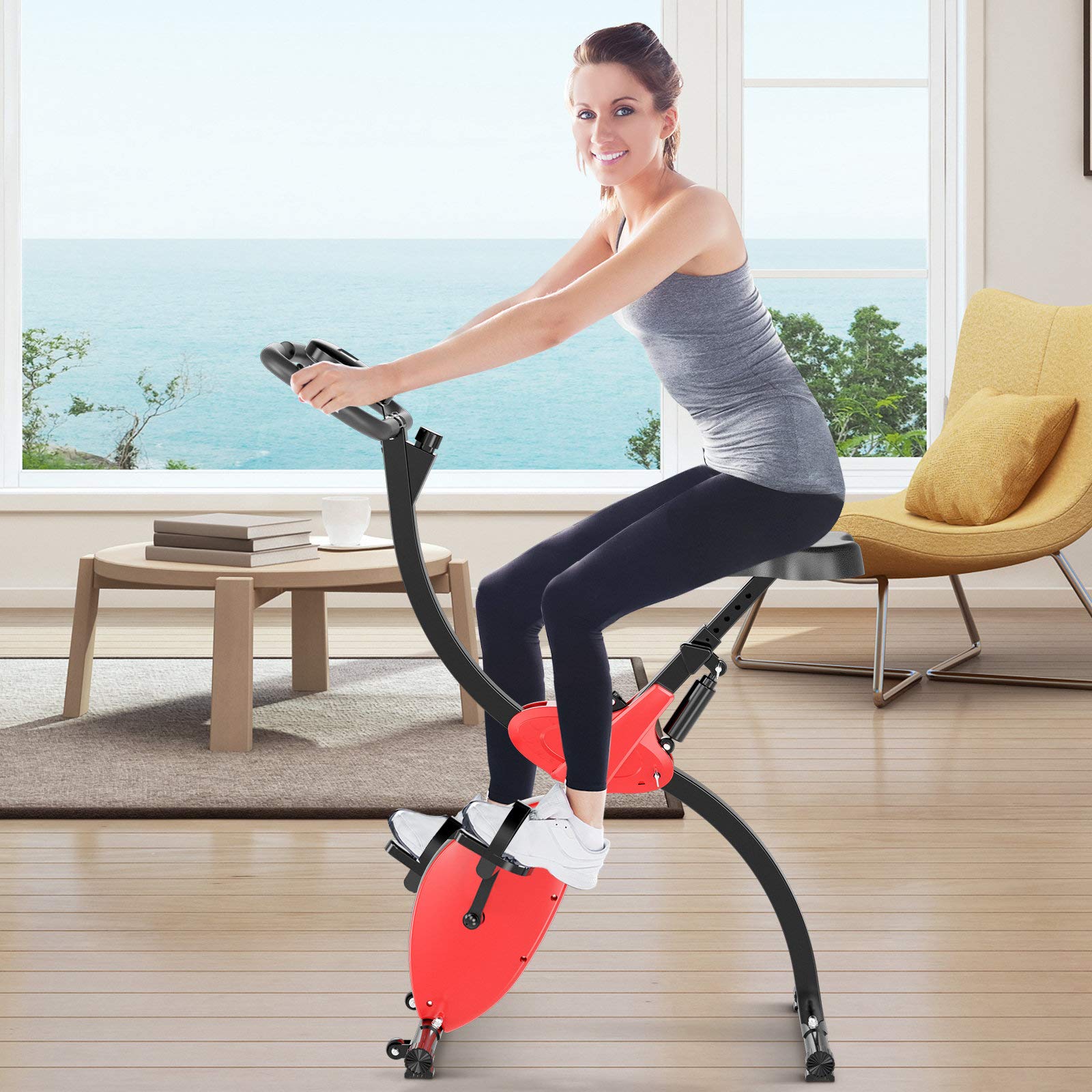 Soozier Foldable Upright Training X-Bike With Magnetic Resistance, Exercise Cycling Bicycle for Cardio, Aerobic Exercise, Red