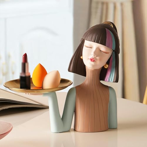 XINGYUANHE Girl Tray Storage Resin Statue Snacks Storage Plate Living Room Desktop Decoration