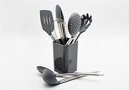 WERCHW Silicone Cooking Utensils Set, 8 Piece Black Kitchen Utensils Set with Holder, Kitchen Tools Spatulas with Stainless Steel Handle for Non-Stick Cookware, Heat Resistant & Dishwasher Safe