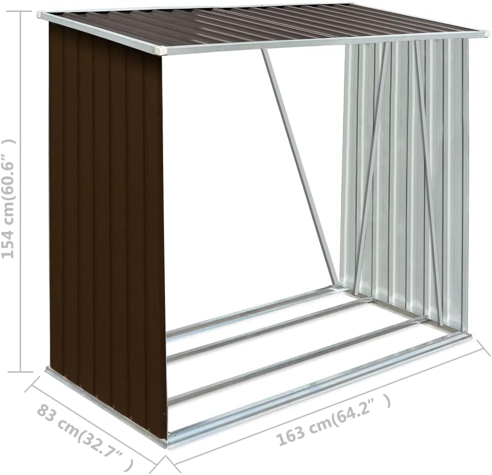 vidaXL Garden Log Storage Shed - Compact, Waterproof Wood Storage with Ventiliated Design - Galvanized Steel - Brown - 64.2" x 32.7" x 60.6"