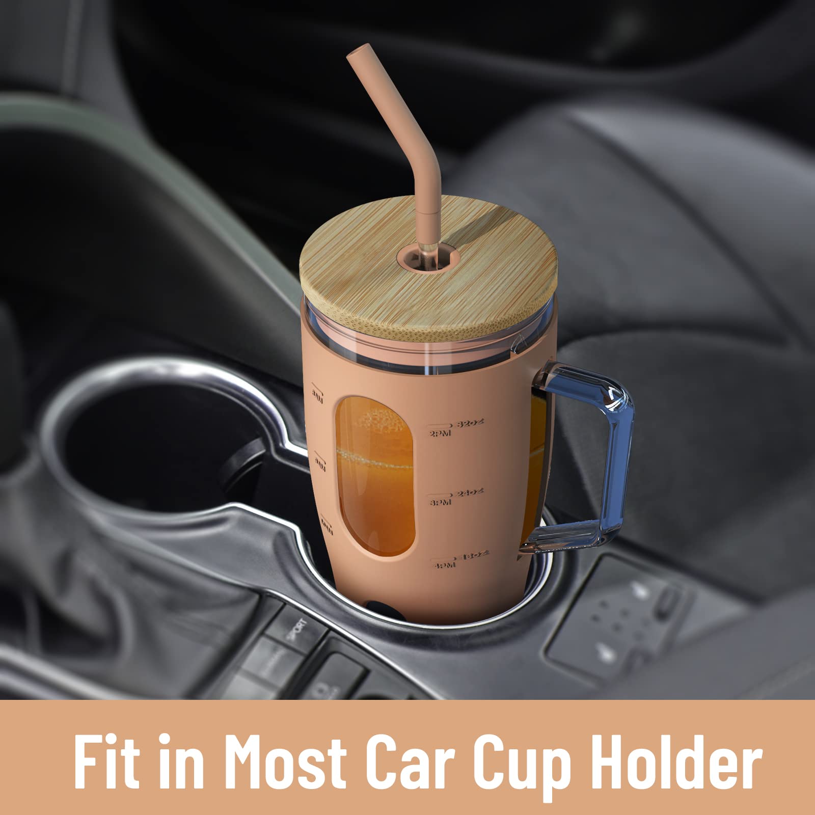 Zukro 40 oz Glass Tumbler with Handle and Wide Straw, Drinking Cup With Bamboo Lid For Water, Iced Coffee, Time Marker to Dink, Large Smoothie Cup with Silicone Sleeve, BPA Free, Fit Cupholder, Khaki