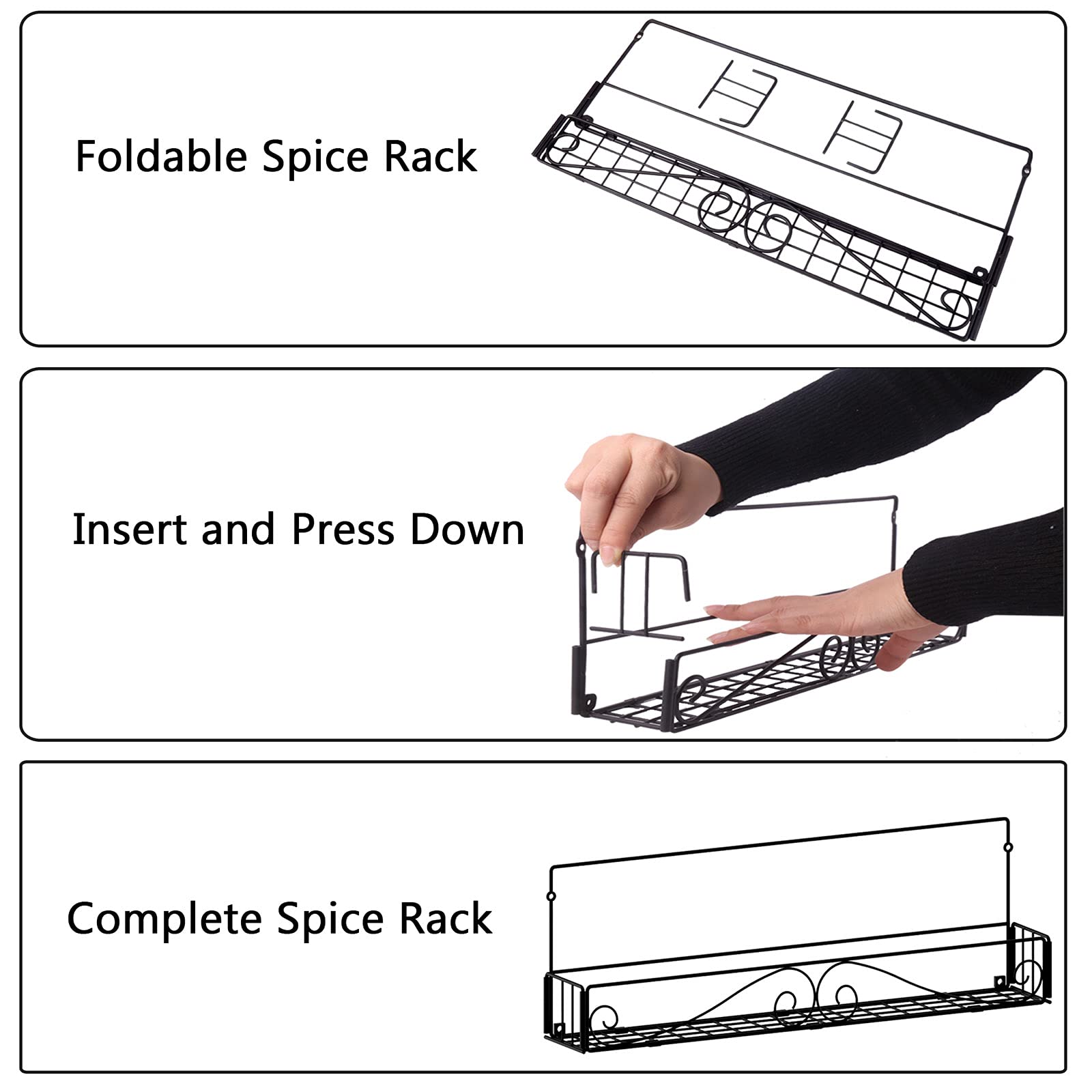 SWOMMOLY Wall Mount Spice Rack, 6 Pack Stackable Foldable Spice Racks Organizer, Black,Large