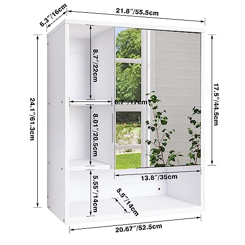 SMIBUY Bathroom Mirror Cabinet Wall Mounted, Bamboo Space Saver Medicine Cabinet, Wall Hanging Over Toilet Storage Cabinet with Mirror Door and Adjustable Shelf (White)